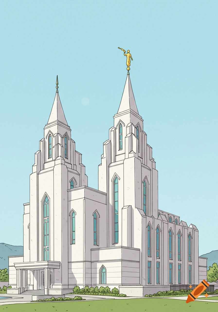 Simple outline illustration of a white temple with two tall spires and ...