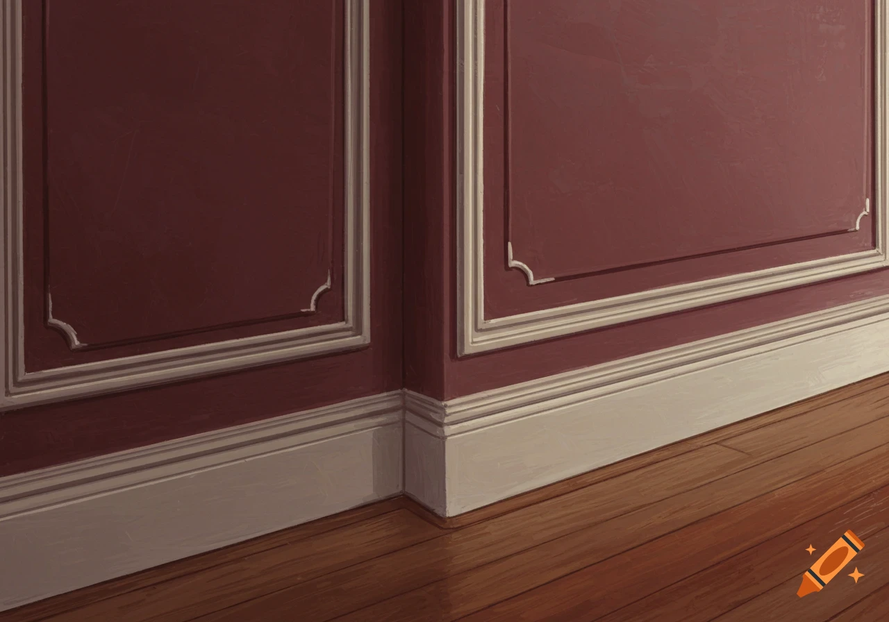 Corner of a room with maroon wall, white molding, baseboard, and wooden ...