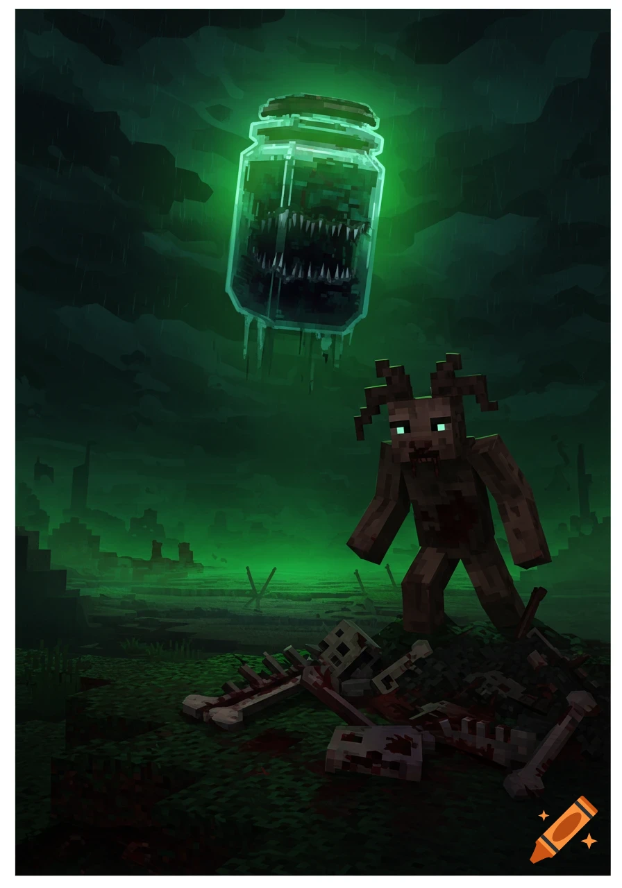 Minecraft-style goatman stands over bones looking at glowing jar ...