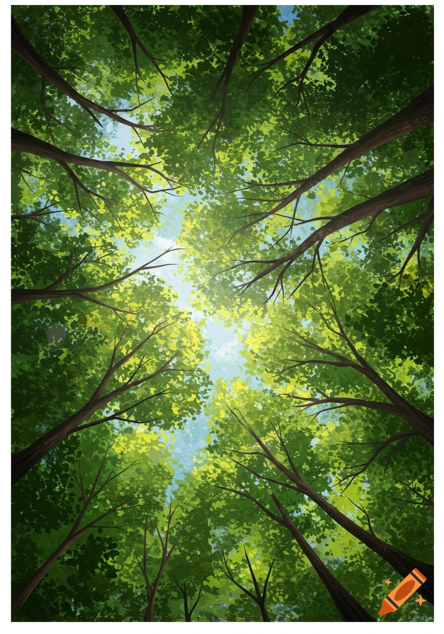 Looking up through green tree branches and leaves towards a bright sky ...
