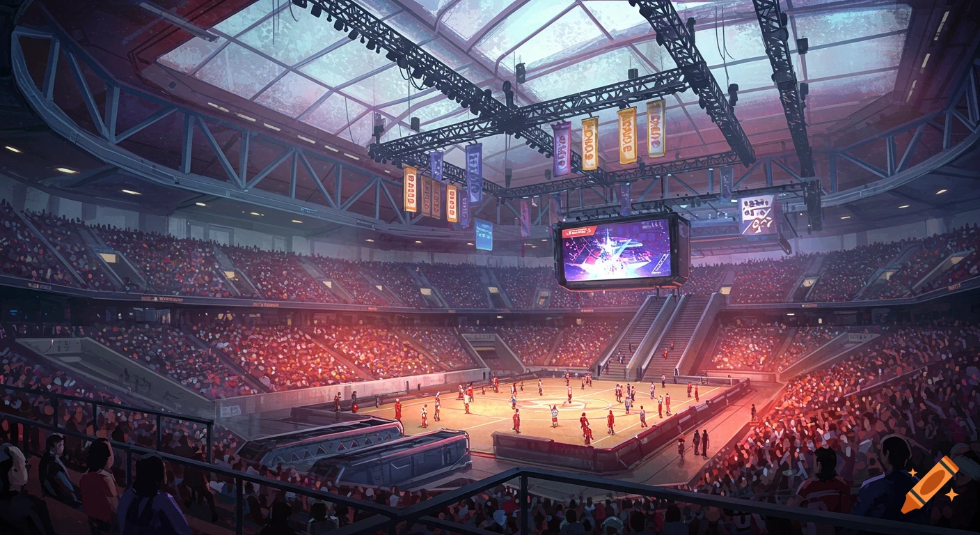 Illustration of a large, modern indoor arena filled with spectators ...
