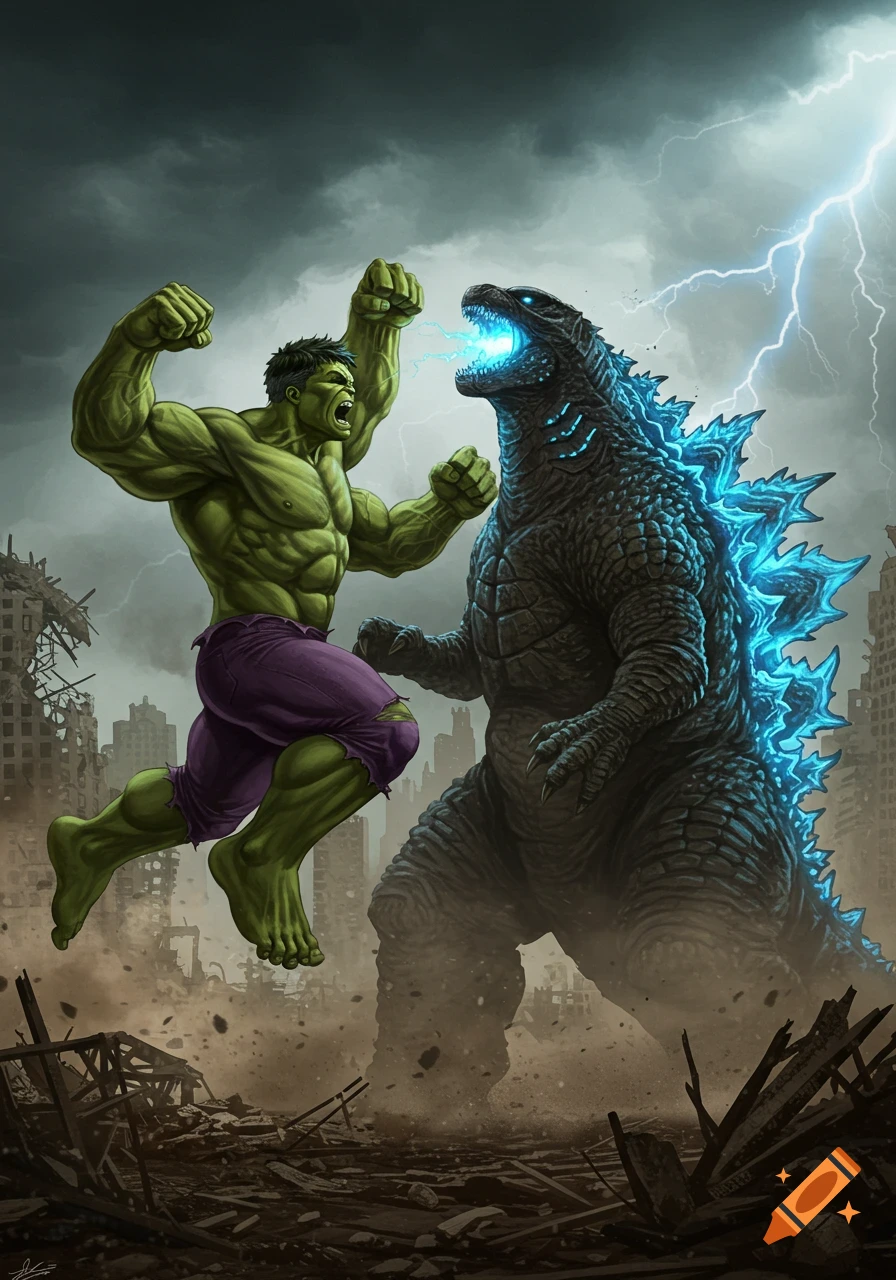 Hulk leaps towards Godzilla as the monster unleashes blue energy in a ...