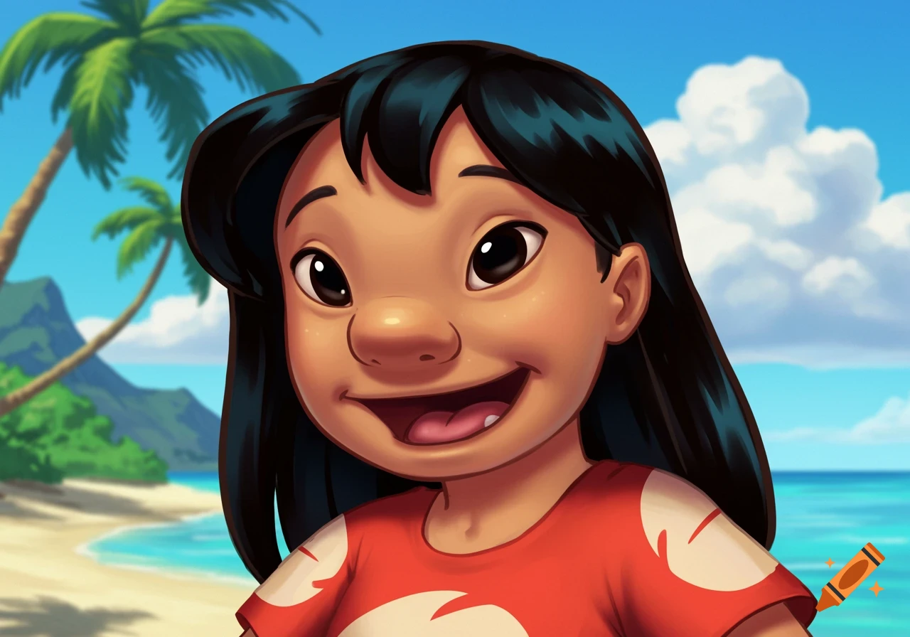 Close-up of cartoon character Lilo on a tropical beach. on Craiyon