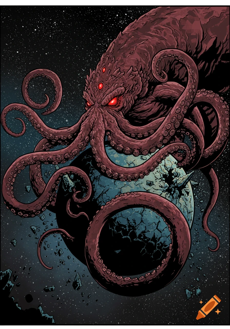 Illustration of a giant mutant kraken wrapping its tentacles around a ...