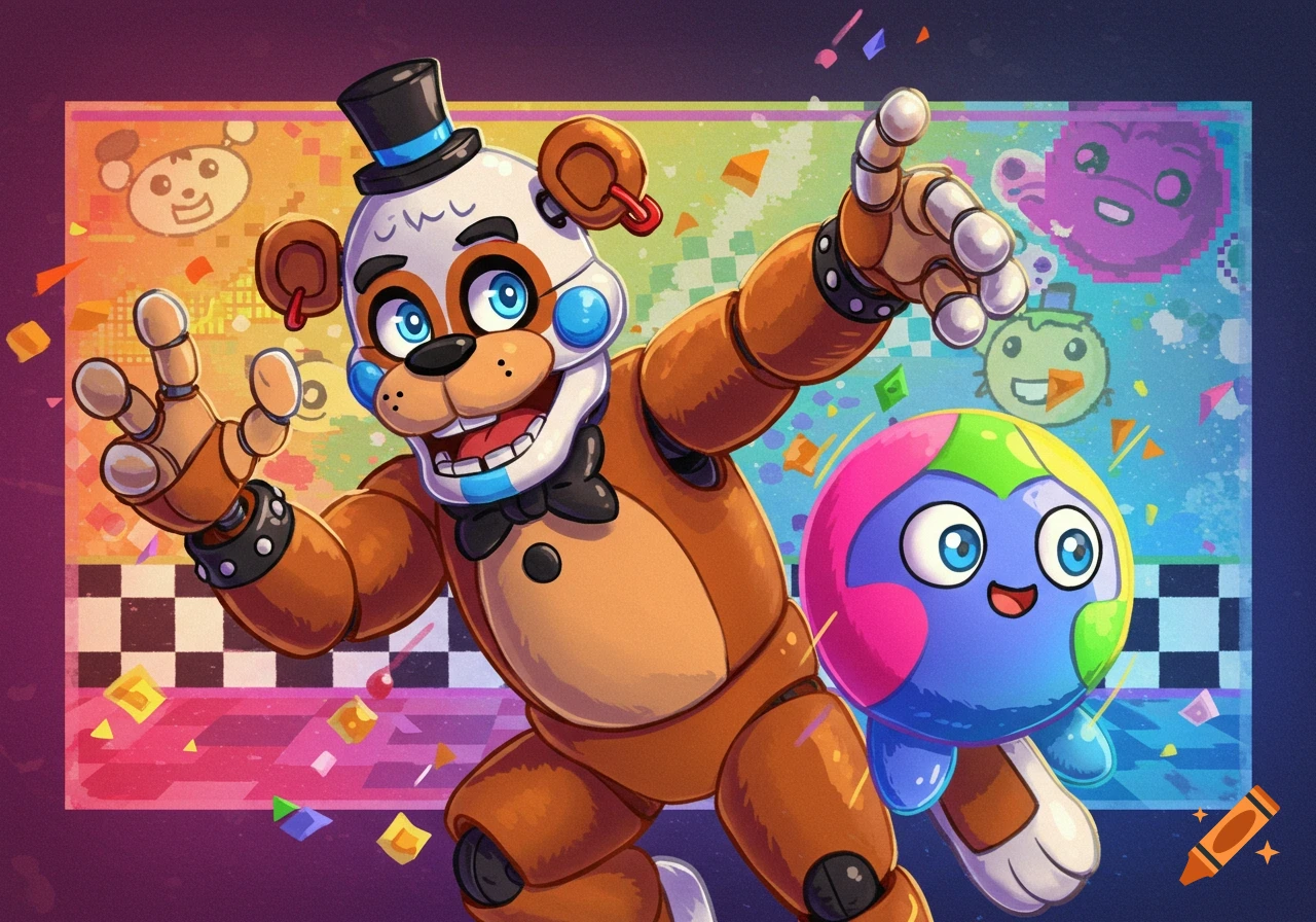 Cartoon Freddy Fazbear and colorful sphere character celebrate with ...