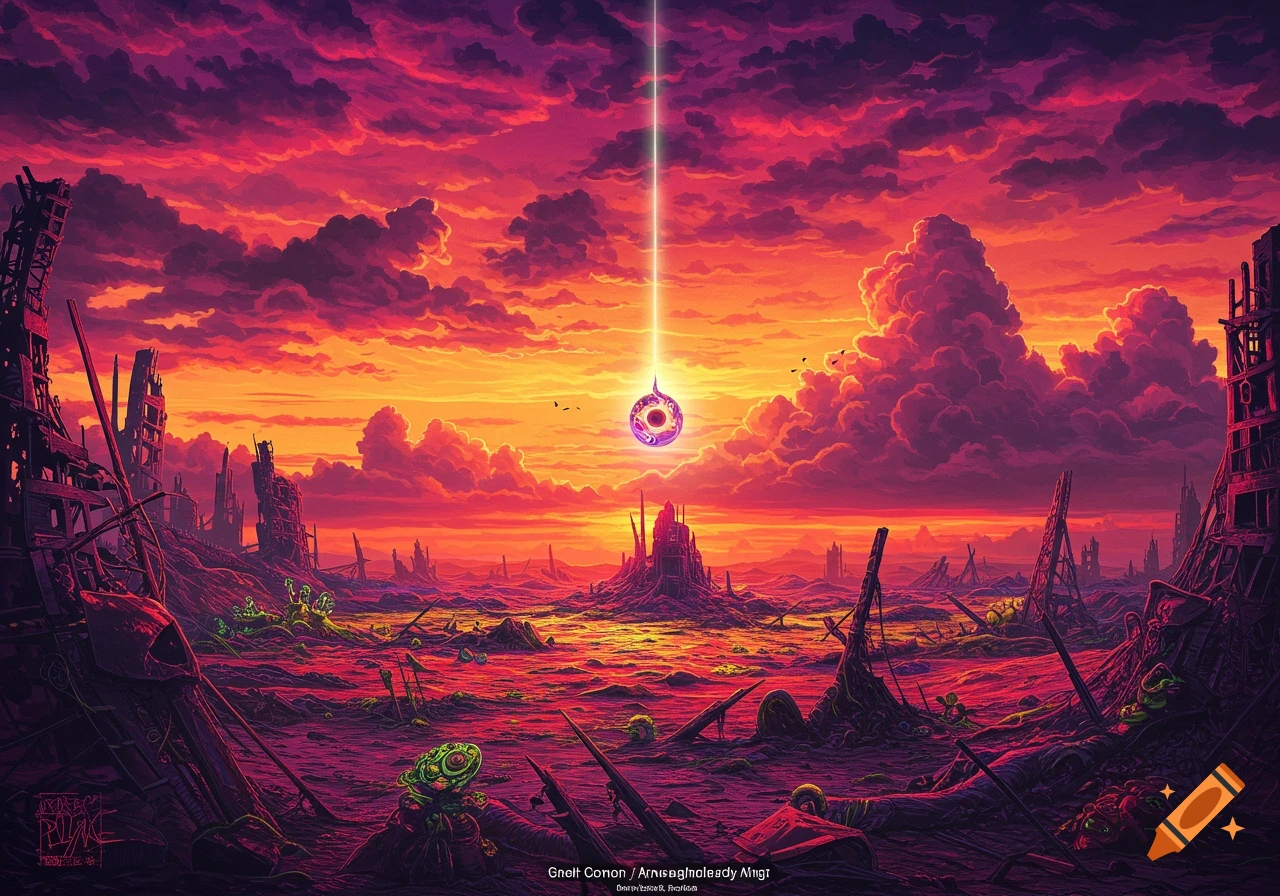 Psychedelic apocalyptic landscape art with a beam of light hitting an orb over ruins under a ...