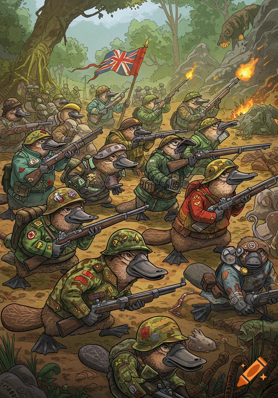 Cartoon illustration of an army of platypuses in military uniform ...