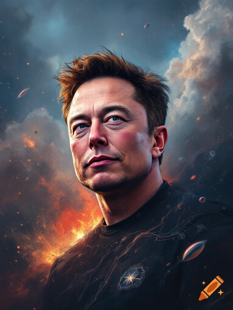 Cinematic portrait of Elon Musk looking up, against a dramatic sky with ...