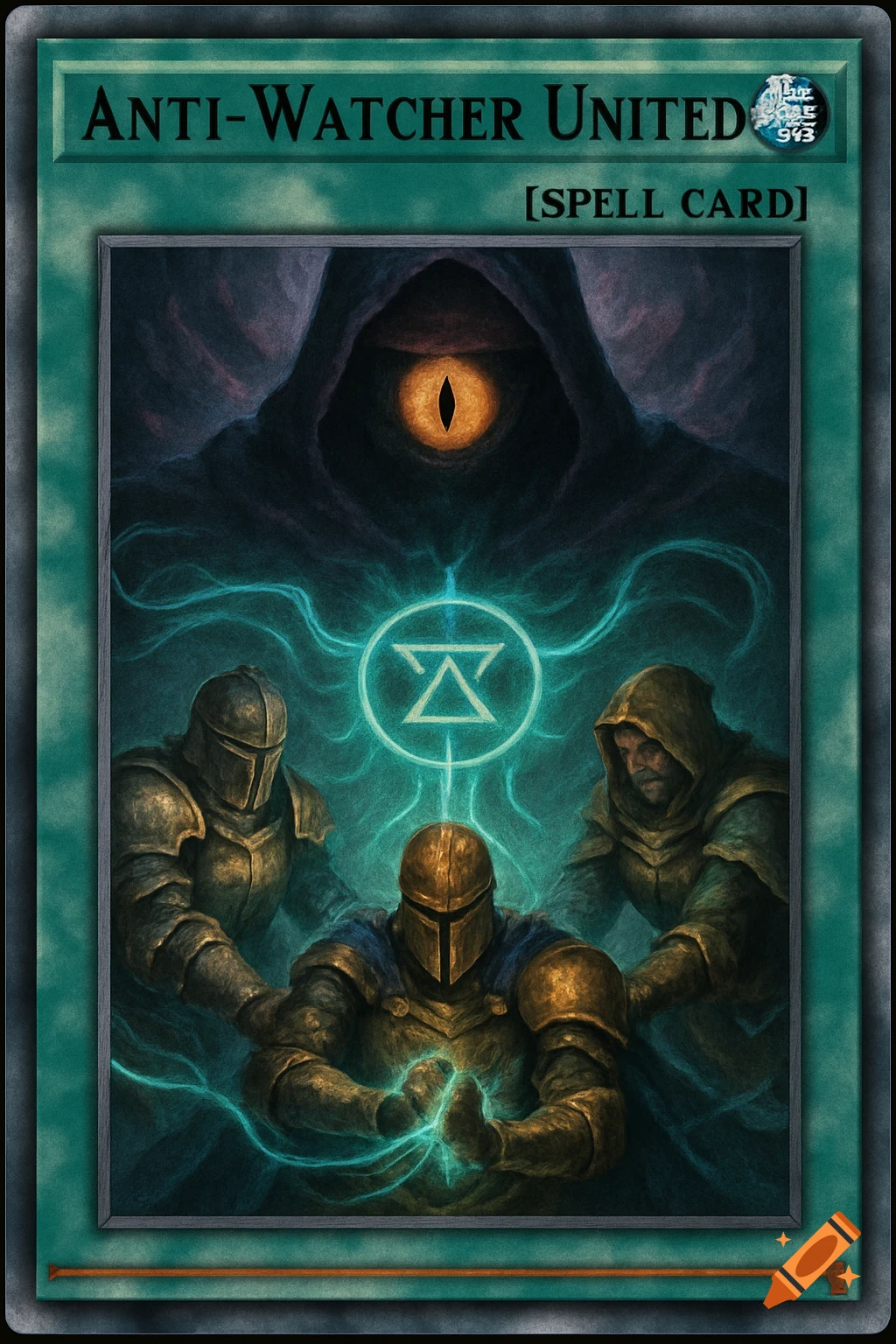 Fantasy card art with hooded figure, knights, and glowing symbol, titled Anti-Watcher United on ...