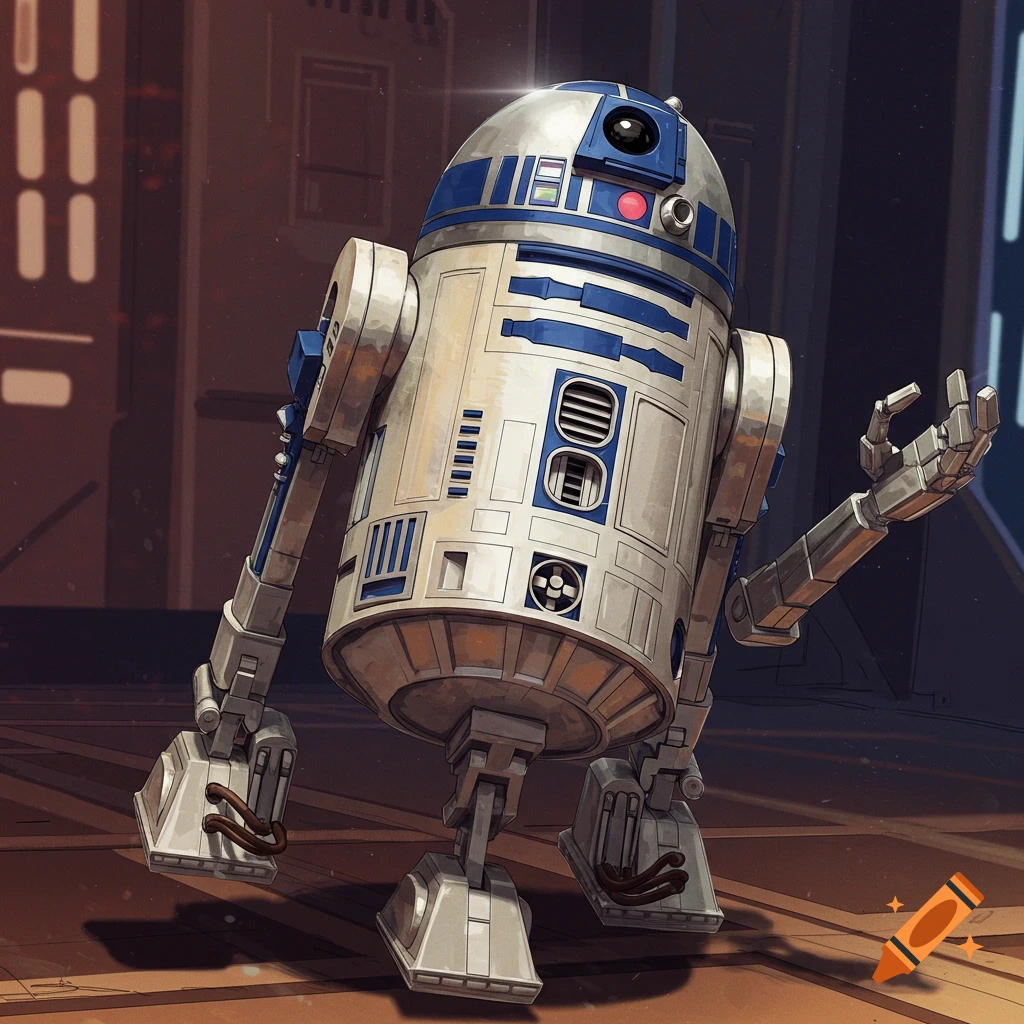 R2-D2 droid standing with one arm raised in an interior scene, digital ...