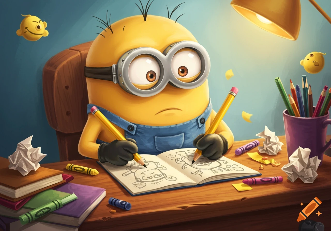 A Minion cartoon character sits at a desk drawing in a book with two ...