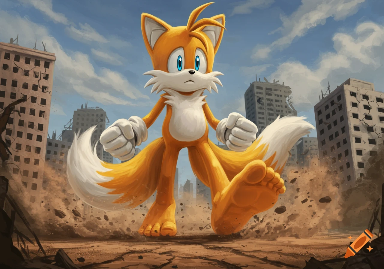 Giant Tails the Fox stands in a destroyed city, kicking up dust and ...