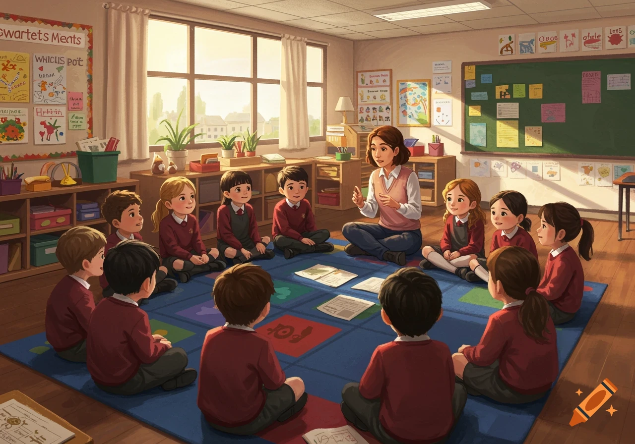 Teacher sitting in a circle on the floor with elementary school children in a classroom. on Craiyon