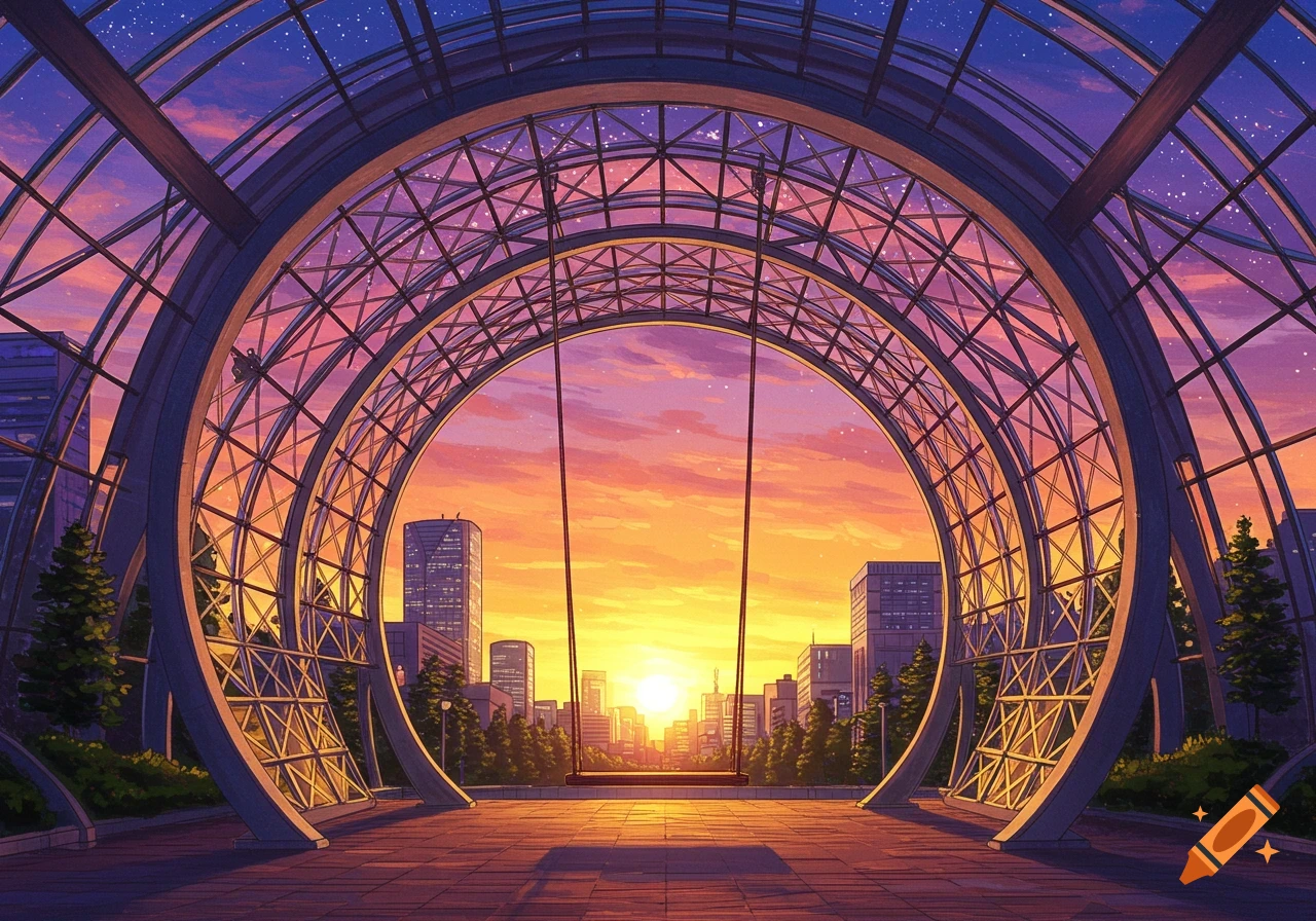 Anime-style swing inside a large architectural arch looking out at a ...