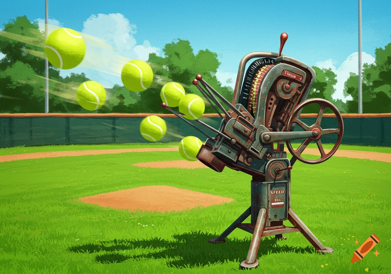 A mechanical pitching machine on a baseball field launches several ...