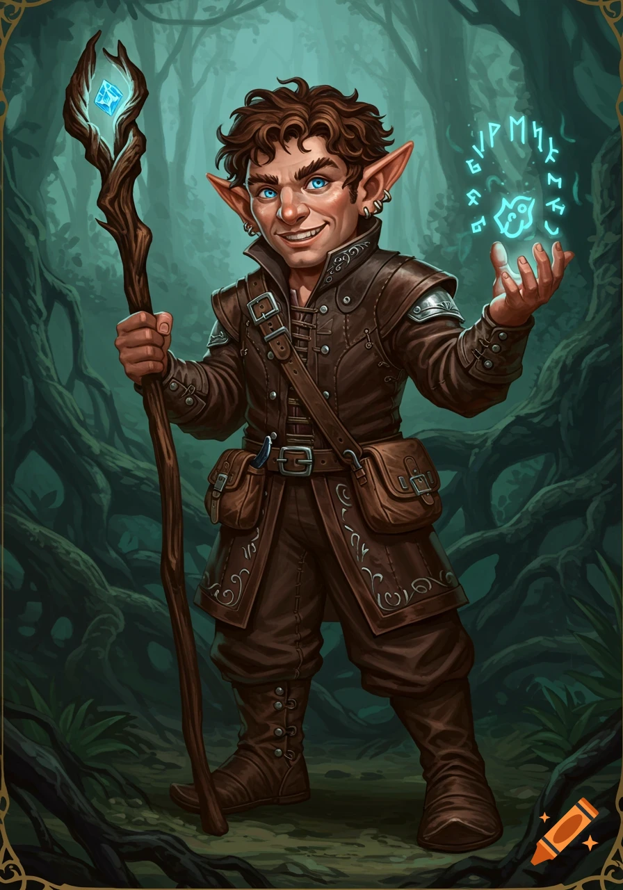 Male gnome warlock in brown leather holding a staff and casting a spell ...