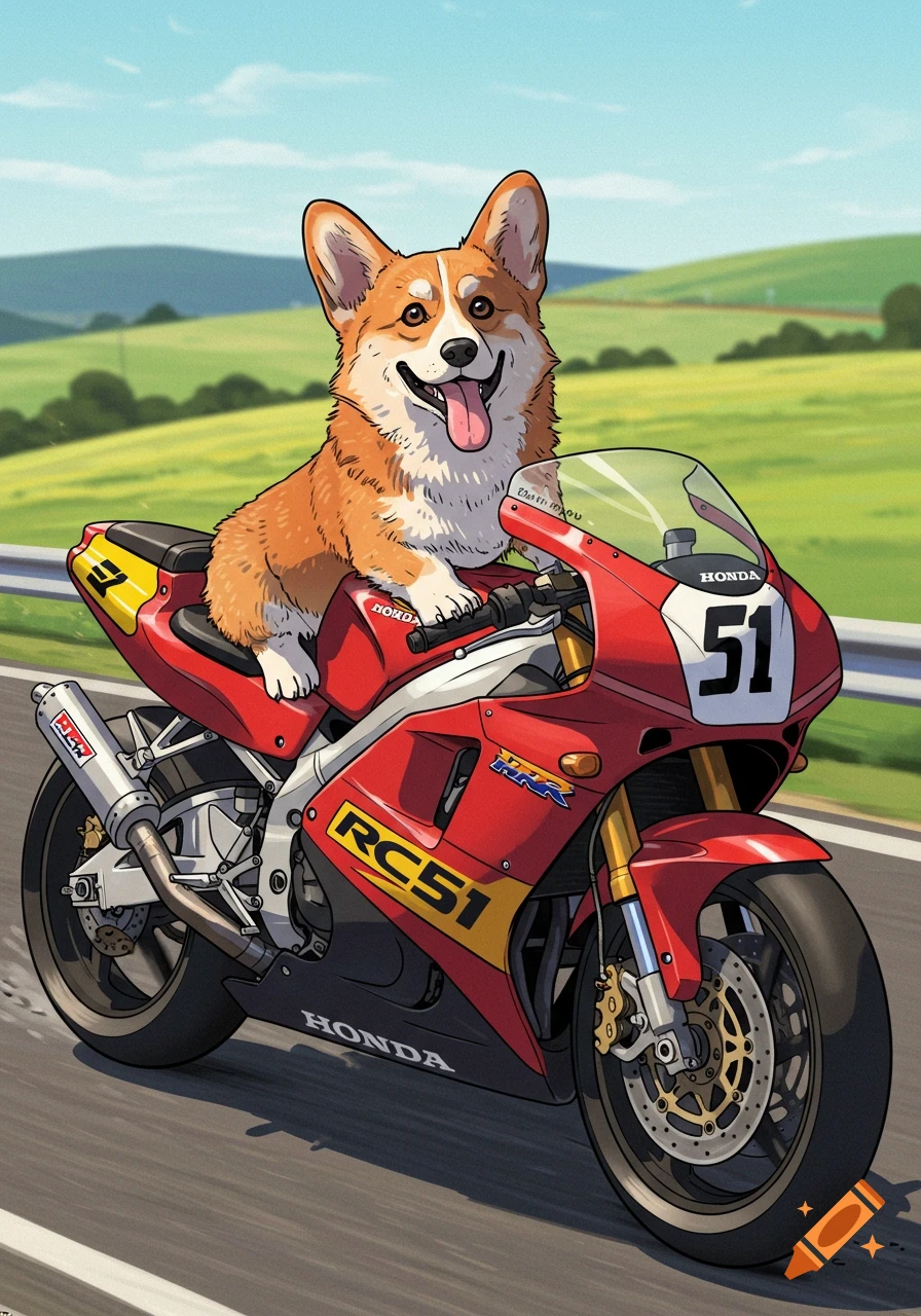 A smiling corgi dog rides a red Honda RC51 motorcycle on a road with ...