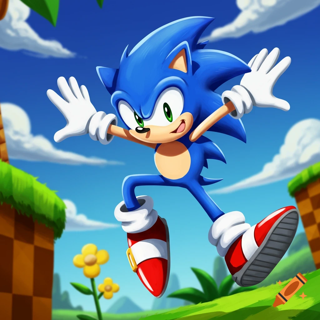 Sonic the Hedgehog jumps in a cartoon style grassy landscape. on Craiyon