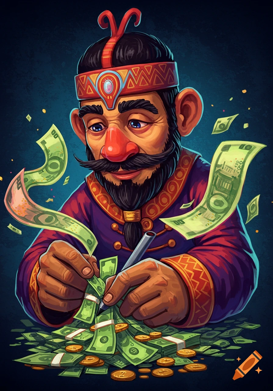 Stylized illustration of a man sorting a large pile of money and coins ...