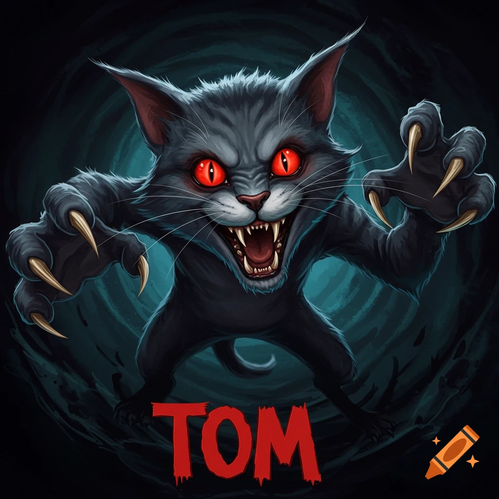 Illustration of a scary black cat with red eyes and fangs, text 'TOM ...