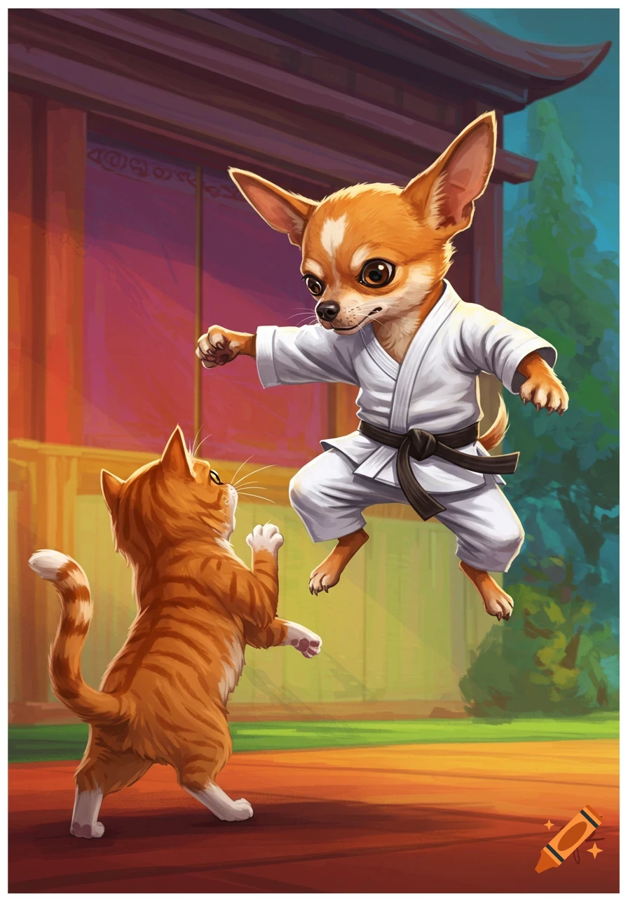 Illustration of a chihuahua in a karate gi jumping to attack an orange ...