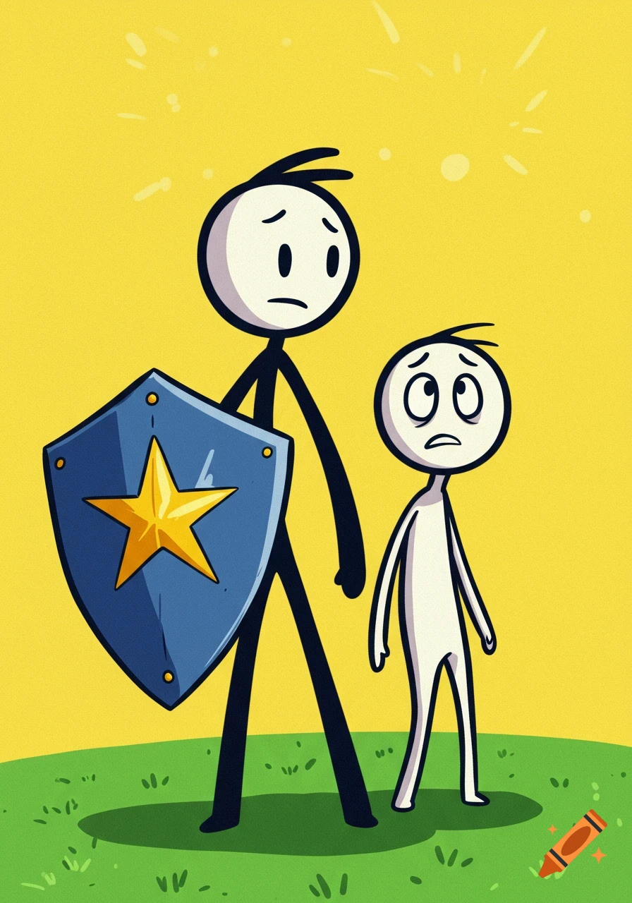 Cartoon illustration of a large stick figure with a shield protecting a ...