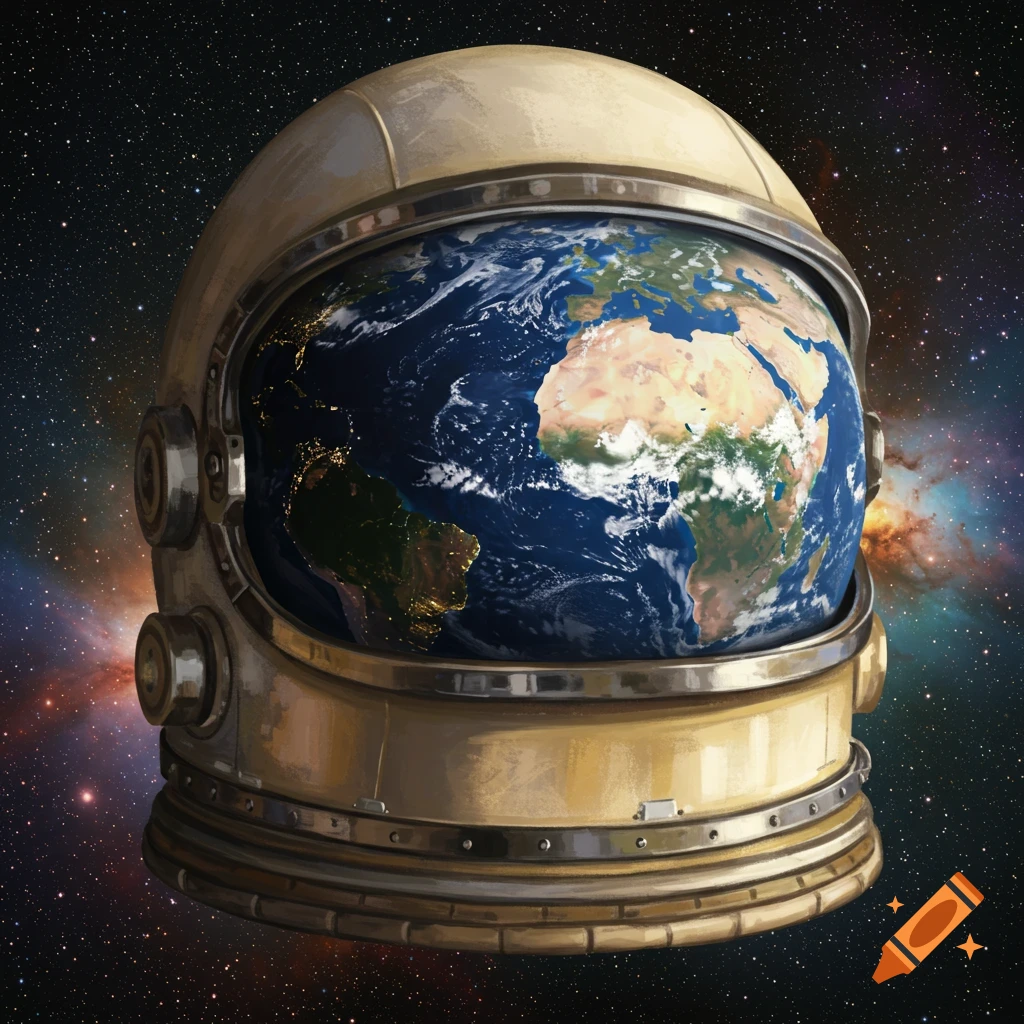 The Earth is seen through the visor of an astronaut's helmet, in space ...