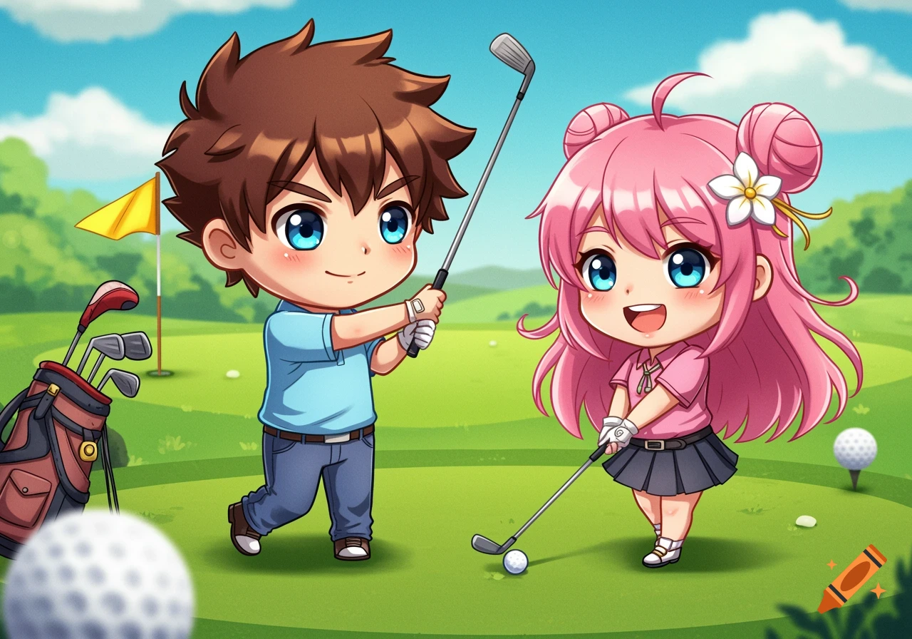 Chibi anime boy and girl playing golf on a sunny course. on Craiyon