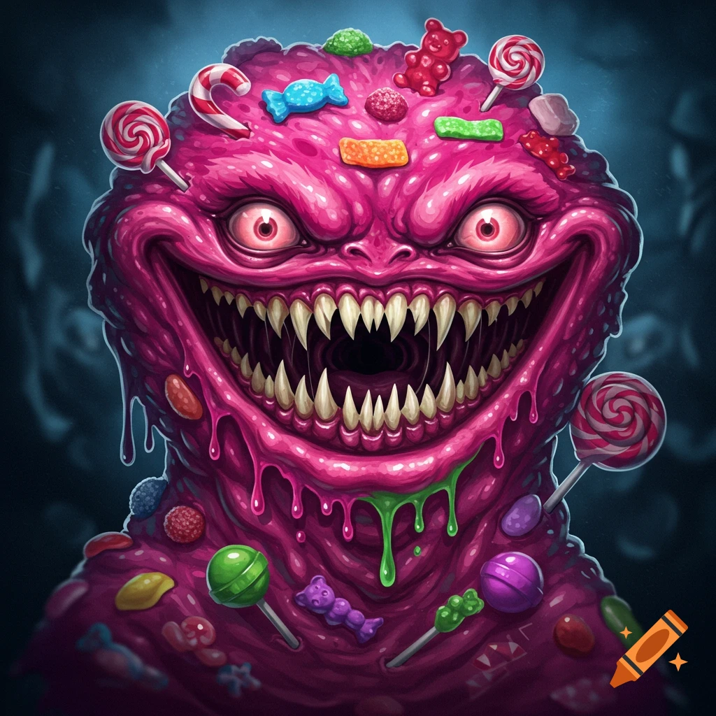 Close-up portrait of a creepy pink candy monster with sharp teeth ...