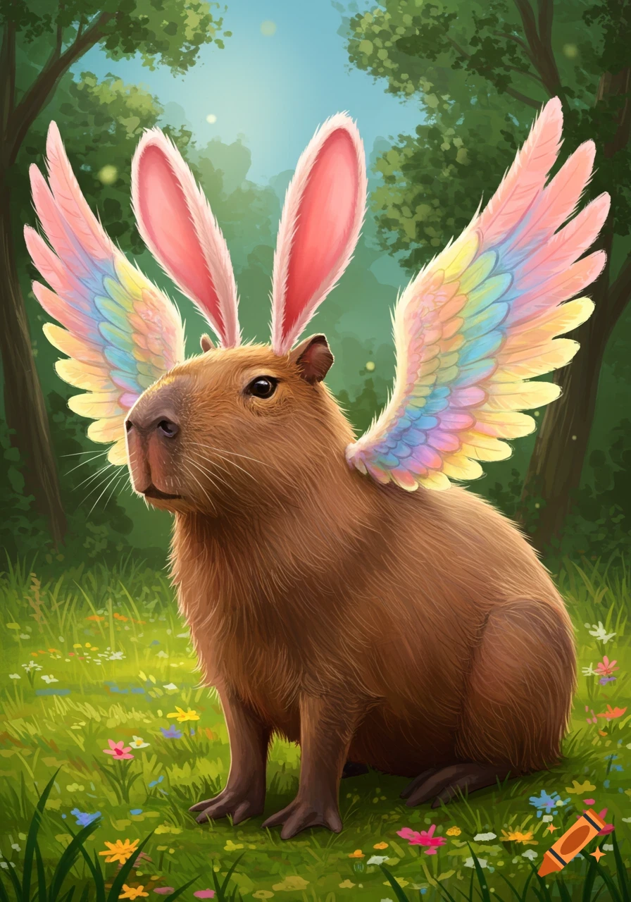 A capybara with rainbow wings and pink bunny ears sits in a grassy ...