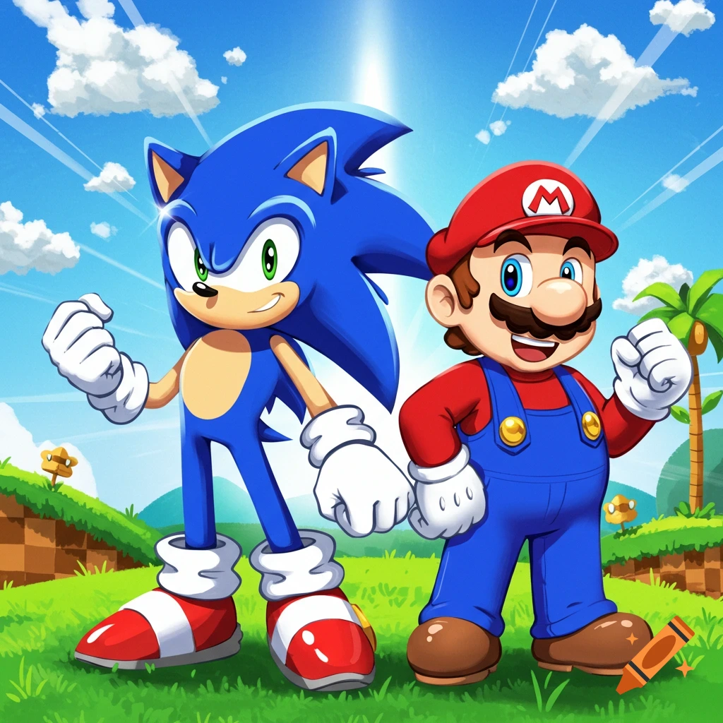 Sonic the Hedgehog and Super Mario standing together in a bright ...