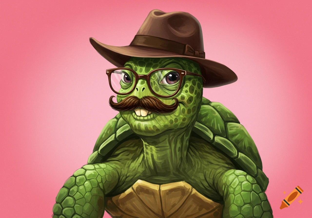 An illustration of a cartoon turtle wearing a hat, mustache, and nerd ...