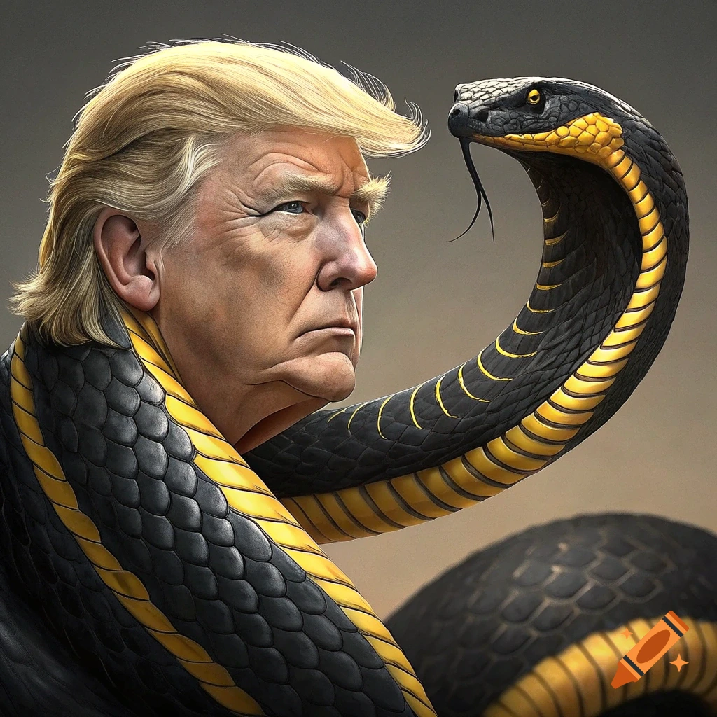 Donald Trump's head is fused with a black and yellow snake body. on Craiyon