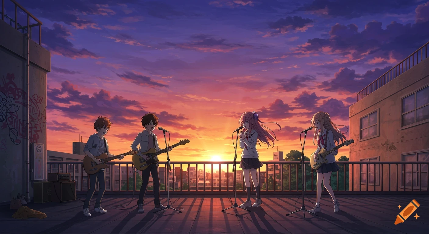 An anime-style illustration of a four-member band playing instruments ...