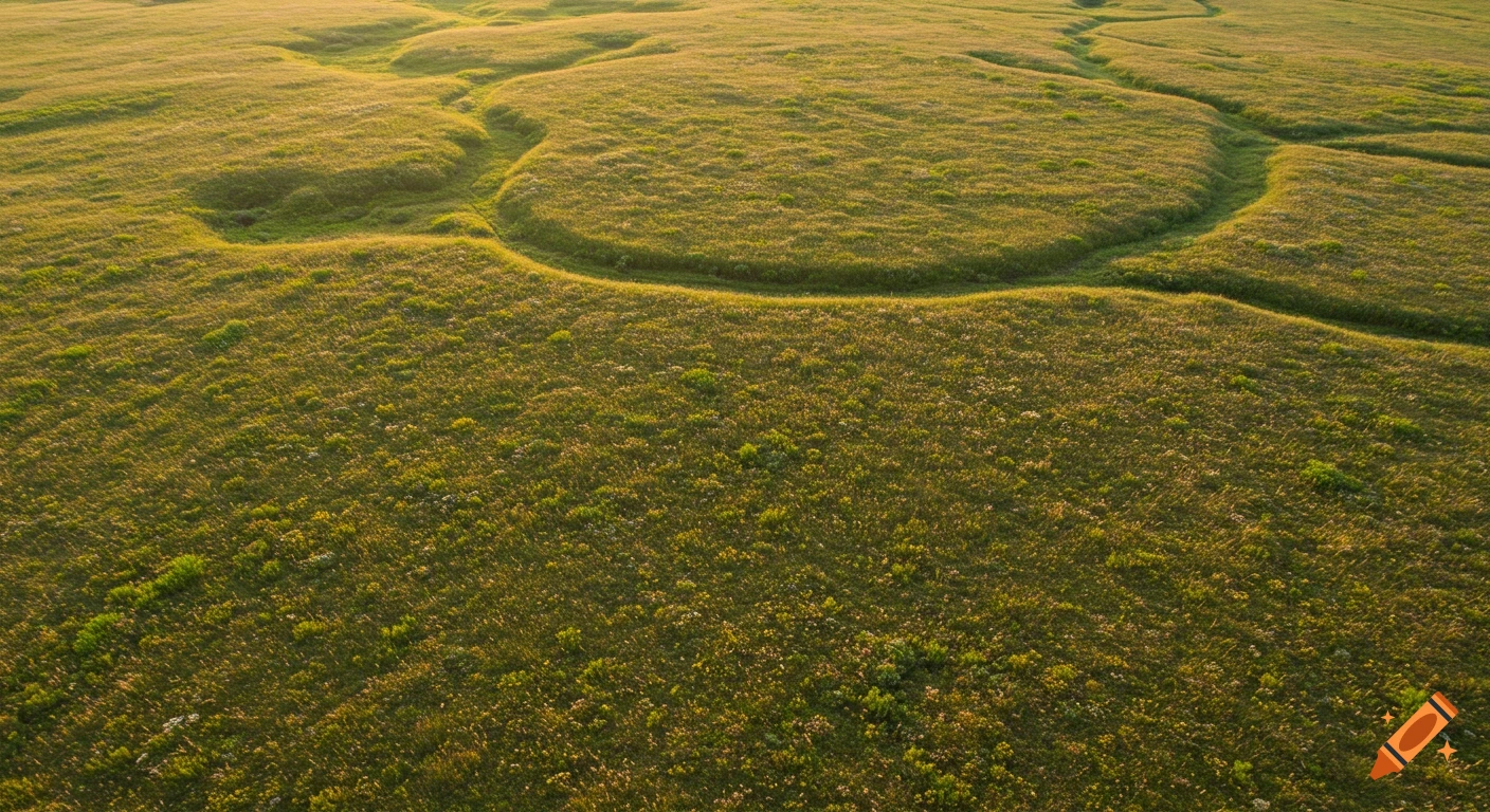 Drone view of a rolling prairie landscape bathed in warm sunlight. on ...