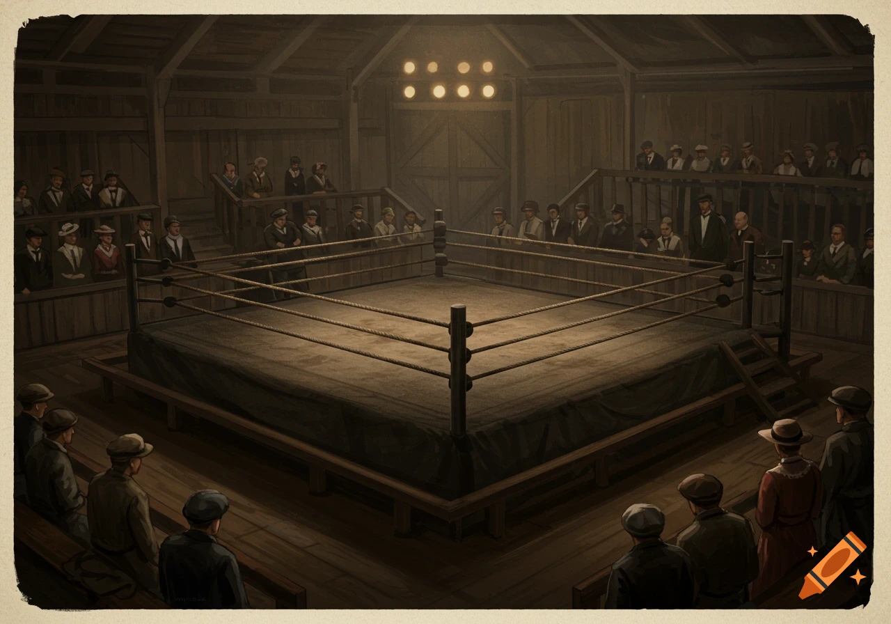 An old-fashioned boxing ring in a dimly lit arena filled with ...