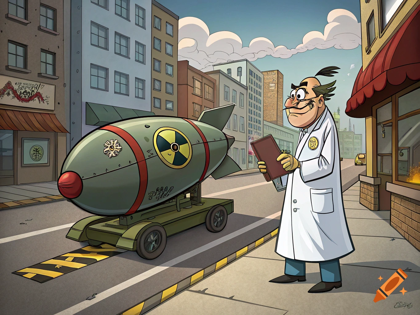 Cartoon of an evil scientist standing next to a large atomic bomb on a ...