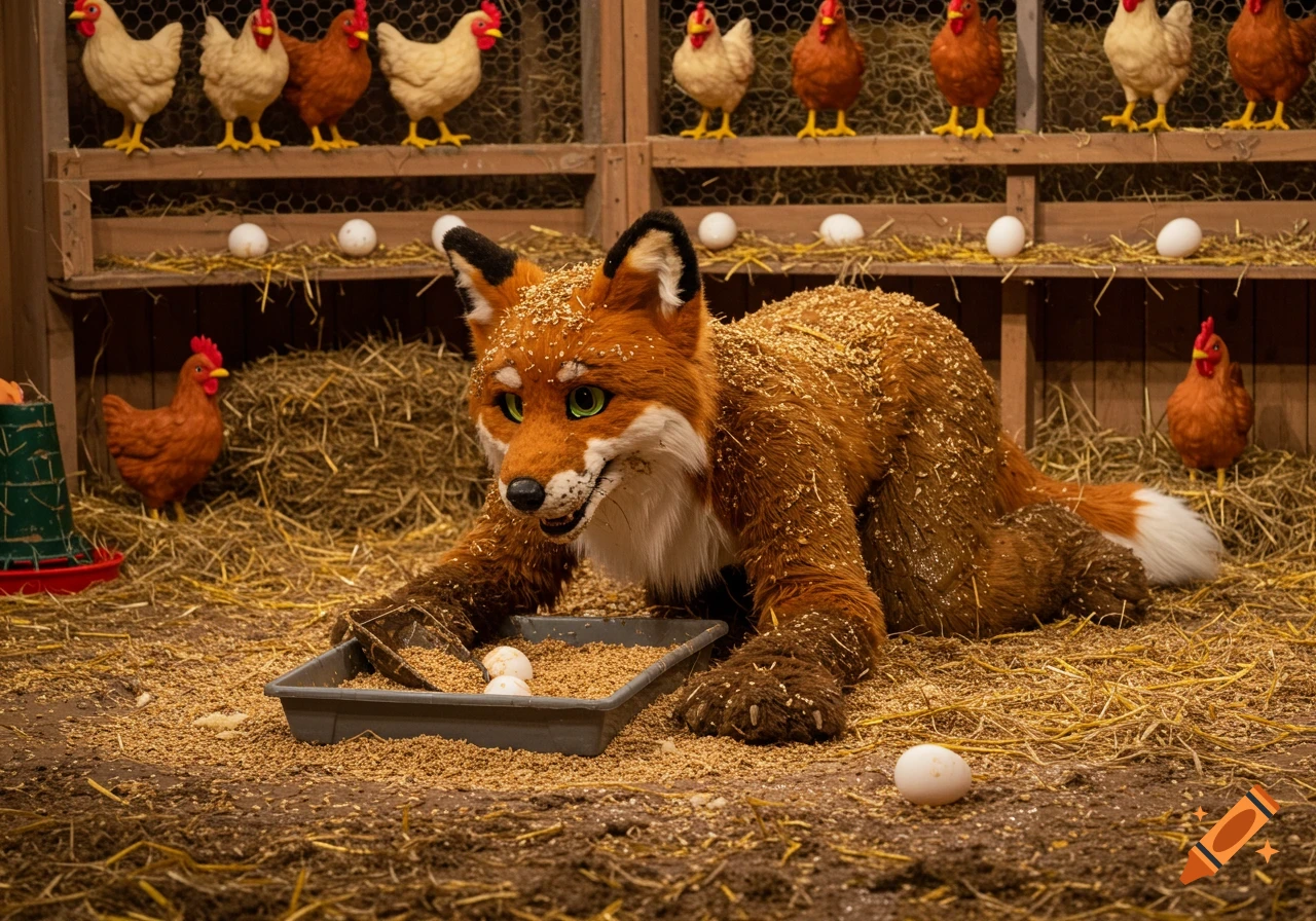 Person in messy fox fursuit gets eggs in a henhouse with prop chickens ...