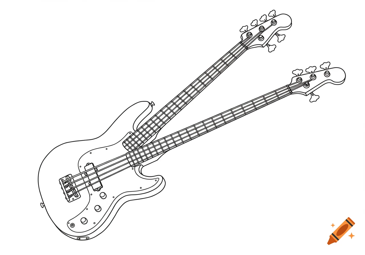 Black and white outline drawing of a double-necked bass guitar. on Craiyon