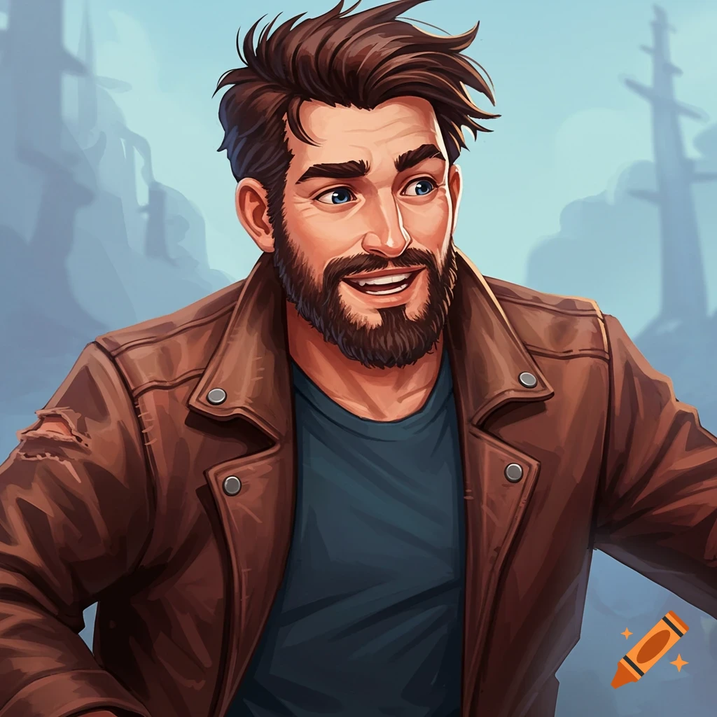 Stylized portrait of a smiling man with beard and brown leather jacket ...