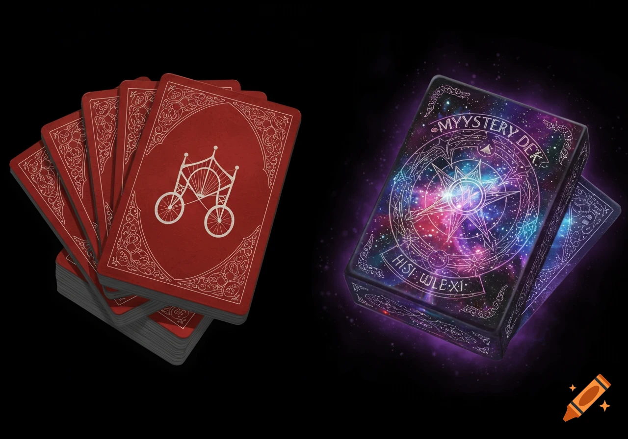 Red playing cards with a bicycle design next to a glowing cosmic card ...