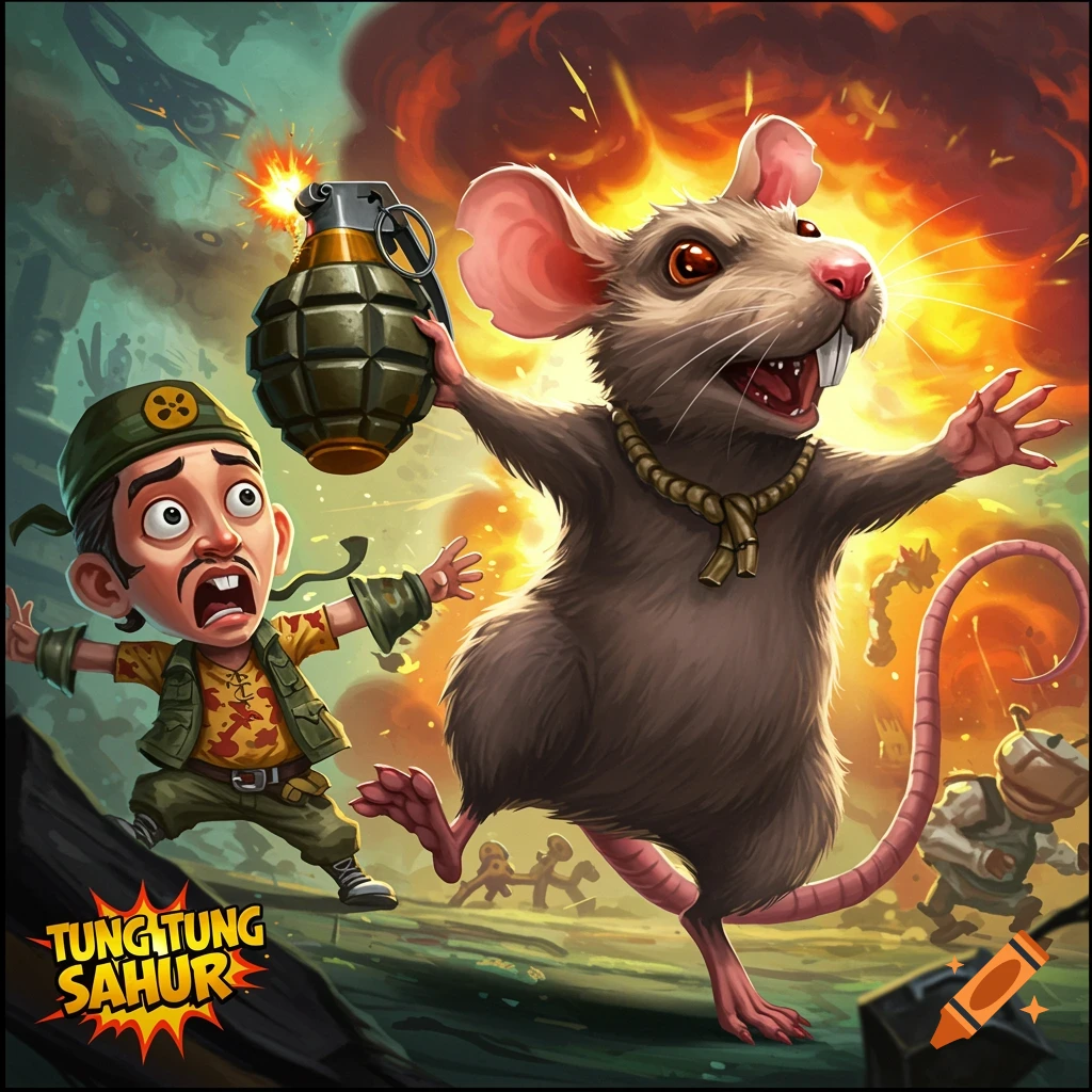 A giant cartoon rat holds a grenade while chasing a small human with an ...