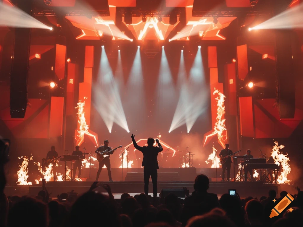 A band performs on stage with bright lights and pyro effects in front ...