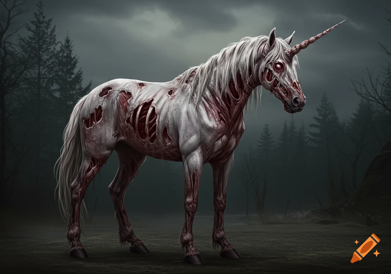 A gruesome zombie unicorn with exposed muscles and bones stands in a ...