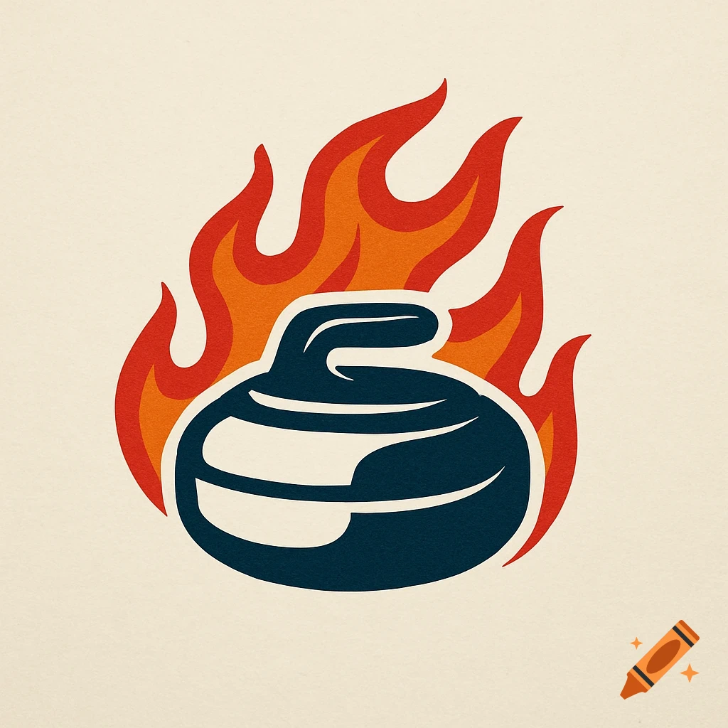 A stylized illustration of a curling stone surrounded by red and orange ...