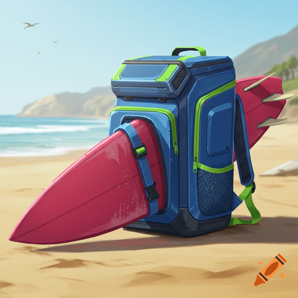 A blue and green backpack with a pink surfboard on a beach. Digital ...