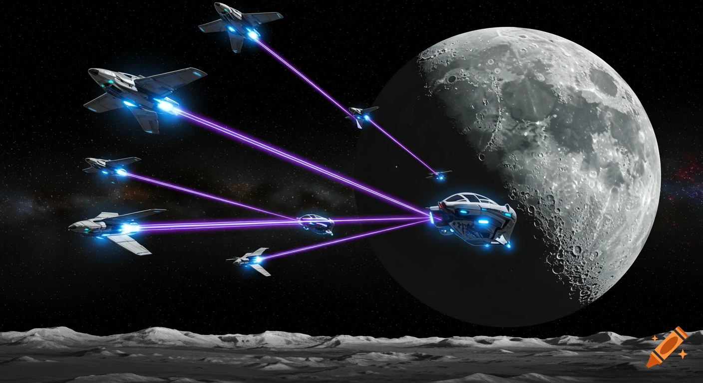 Spaceships firing purple lasers near the moon and a rocky surface in ...