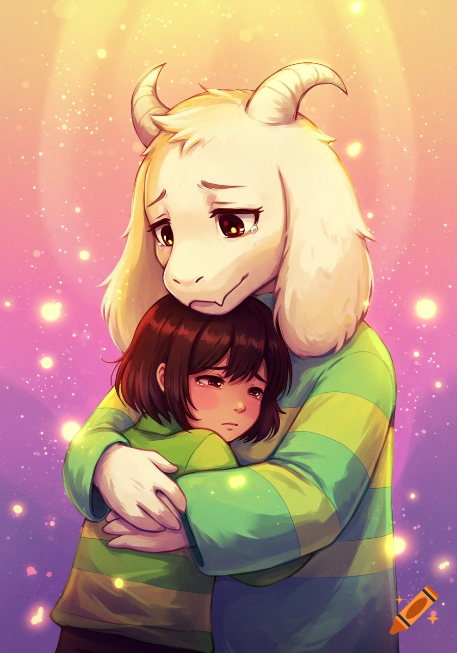 An anime illustration of a large goat-like character hugging a small ...