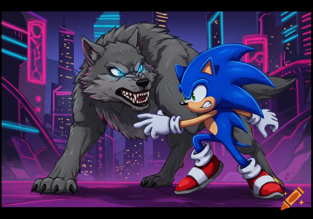 Sonic the Hedgehog faces off against a large wolf in a neon city. on ...