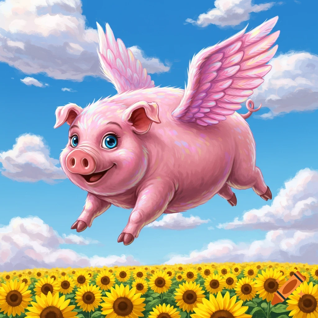 Cartoon pink flying pig with wings soaring over a field of sunflowers ...